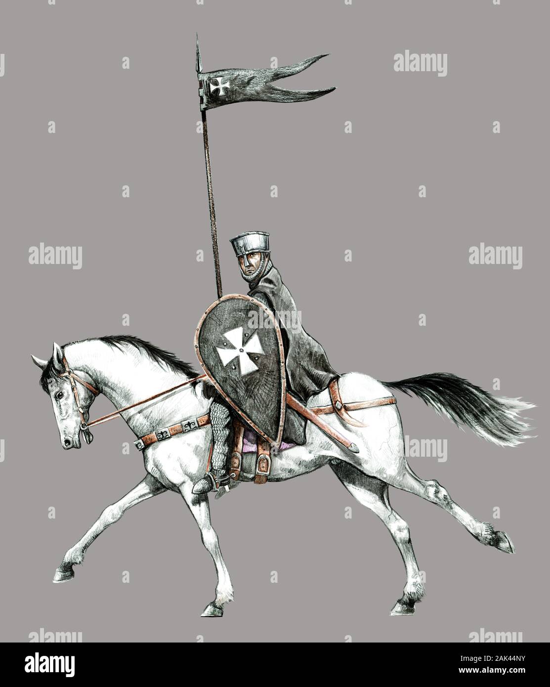 Medieval mounted knight illustration. Knight Hospitaller on horseback ...