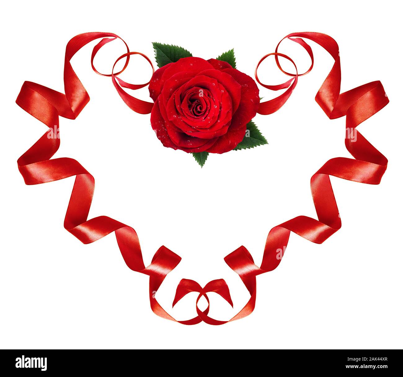 Curled red silk ribbons in a hart shape with rose flower for Valentine ...