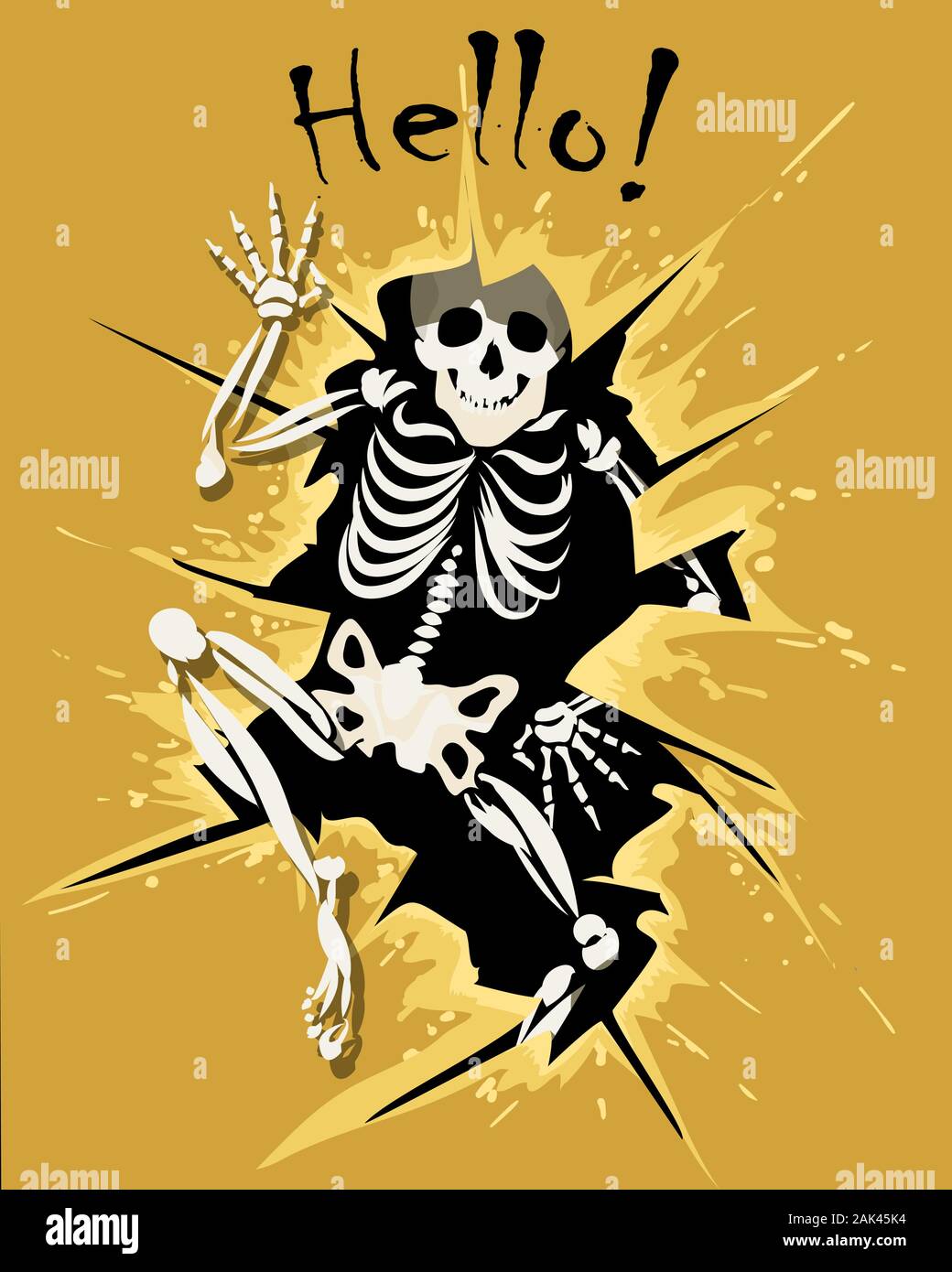 Human Skeleton Look Out of Wall Hole and wording Hello. Vector ...