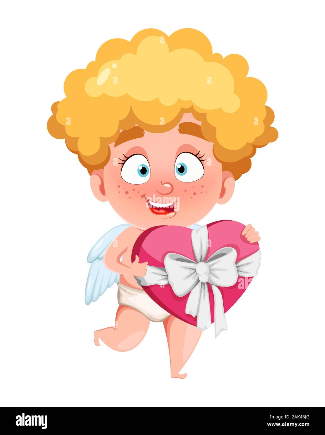 Happy Valentine's Day. Funny Cupid kid holding gift box in a shape of ...