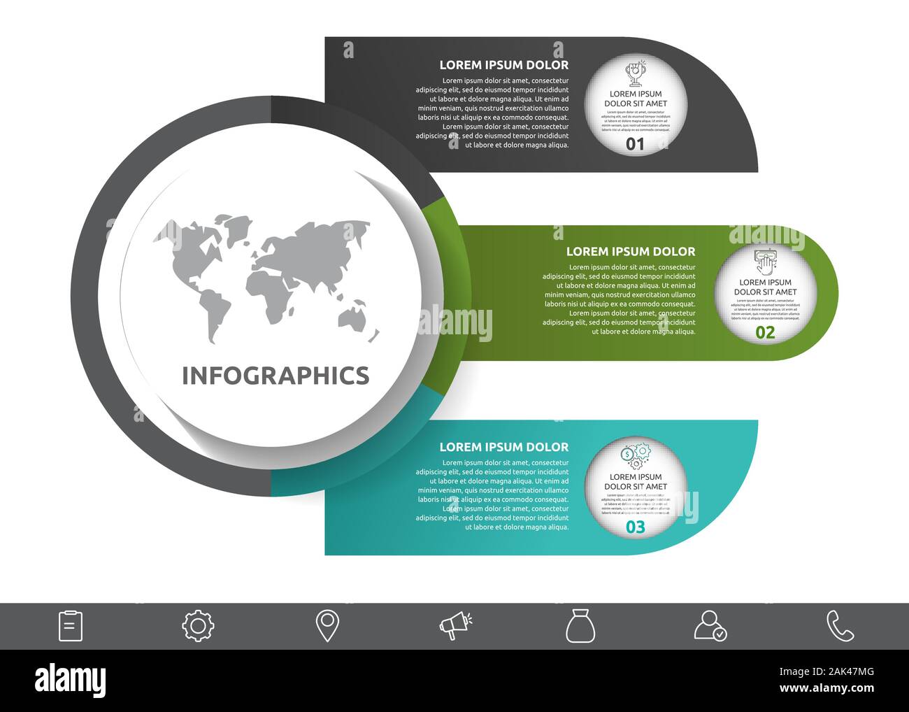 Vector infographic with main circle and 3 labels. Circles with icons ...