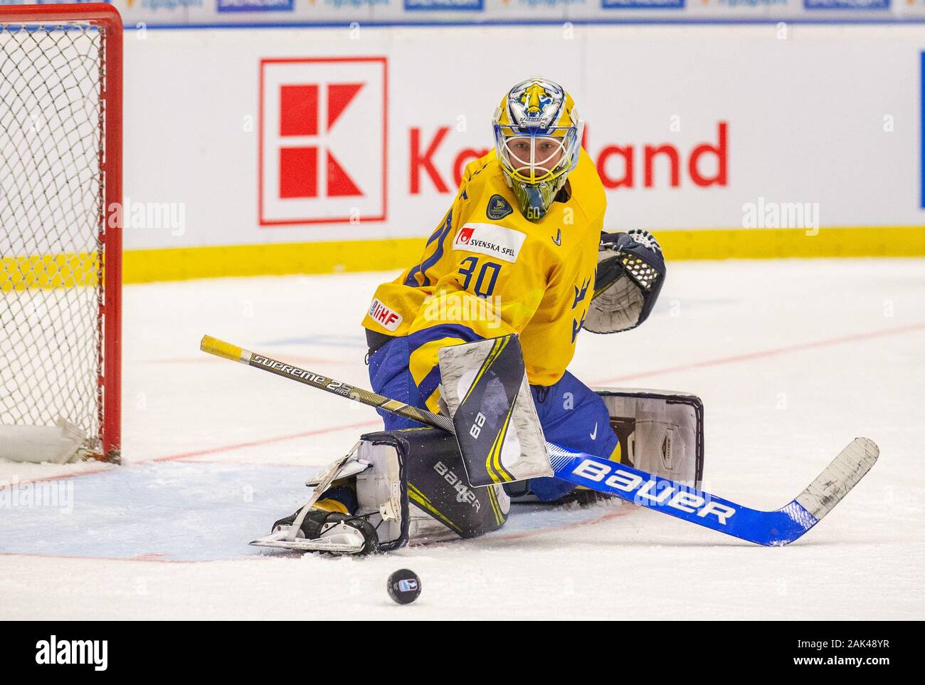 Goalkeeper Hugo Alnefelt (SWE) in action during the 2020 IIHF World Junior Ice Hockey ...
