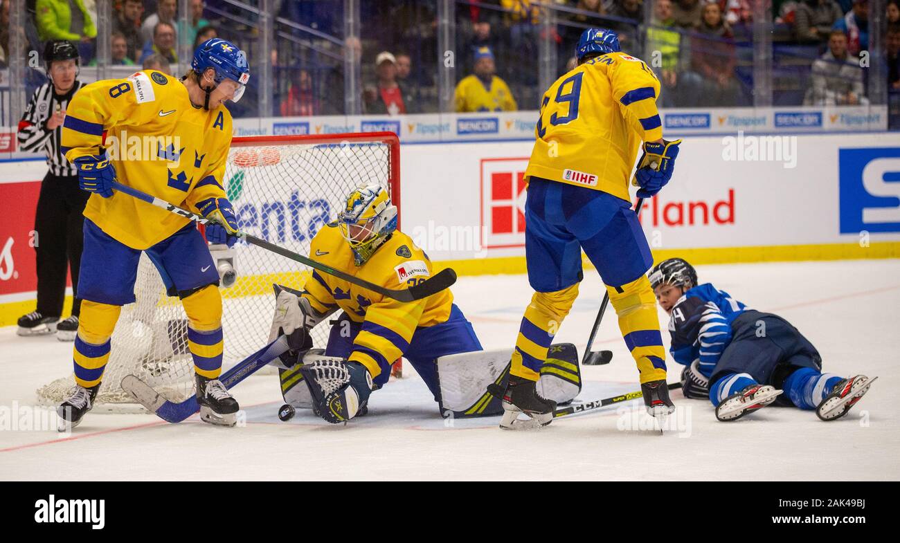 L-R Rasmus Sandin, goalkeeper Hugo Alnefelt and David Gustafsson (all SWE) and Sampo Ranta (FIN ...