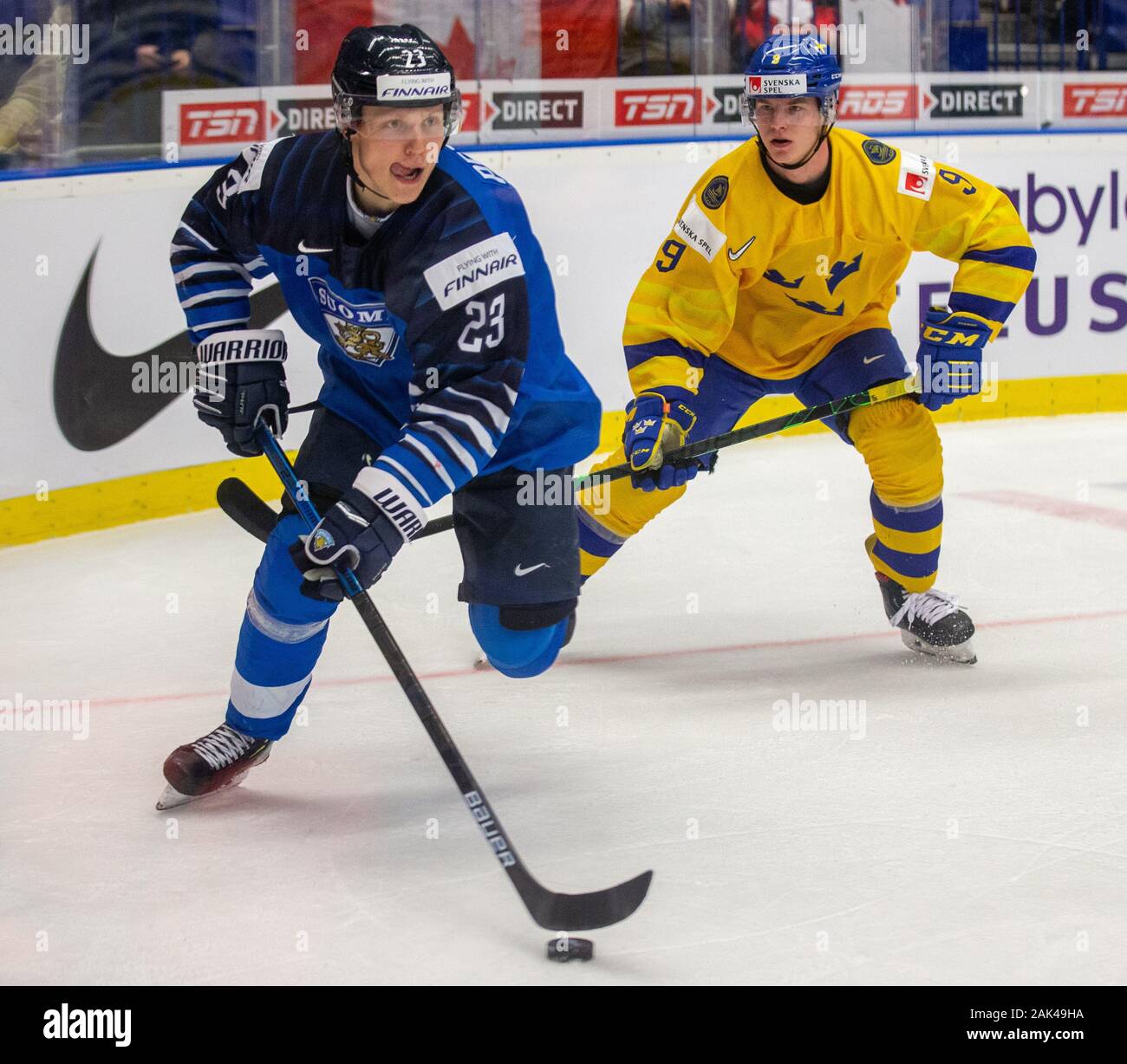 L-R Ville Petman (FIN) and Victor Soderstrom (SWE) in action during the 2020 IIHF World Junior ...