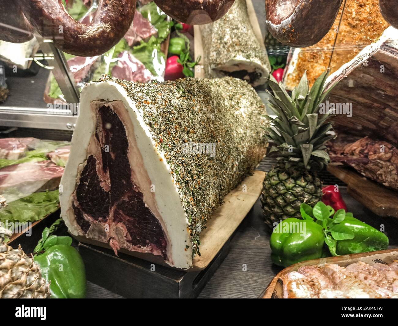 Meat Department in the butcher shop inside the restaurant. Various ...