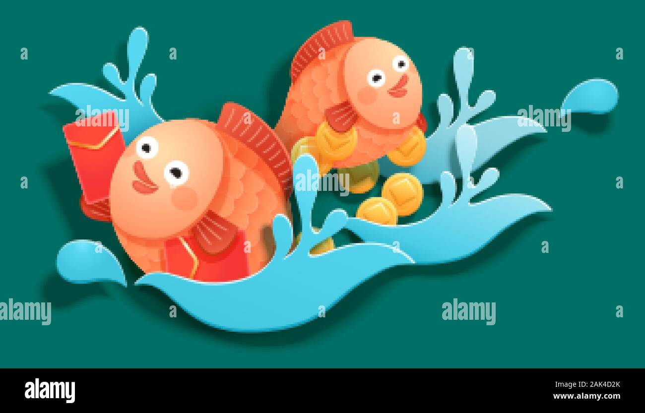 Cute fish holding red packets and swimming in the water, paper art ...