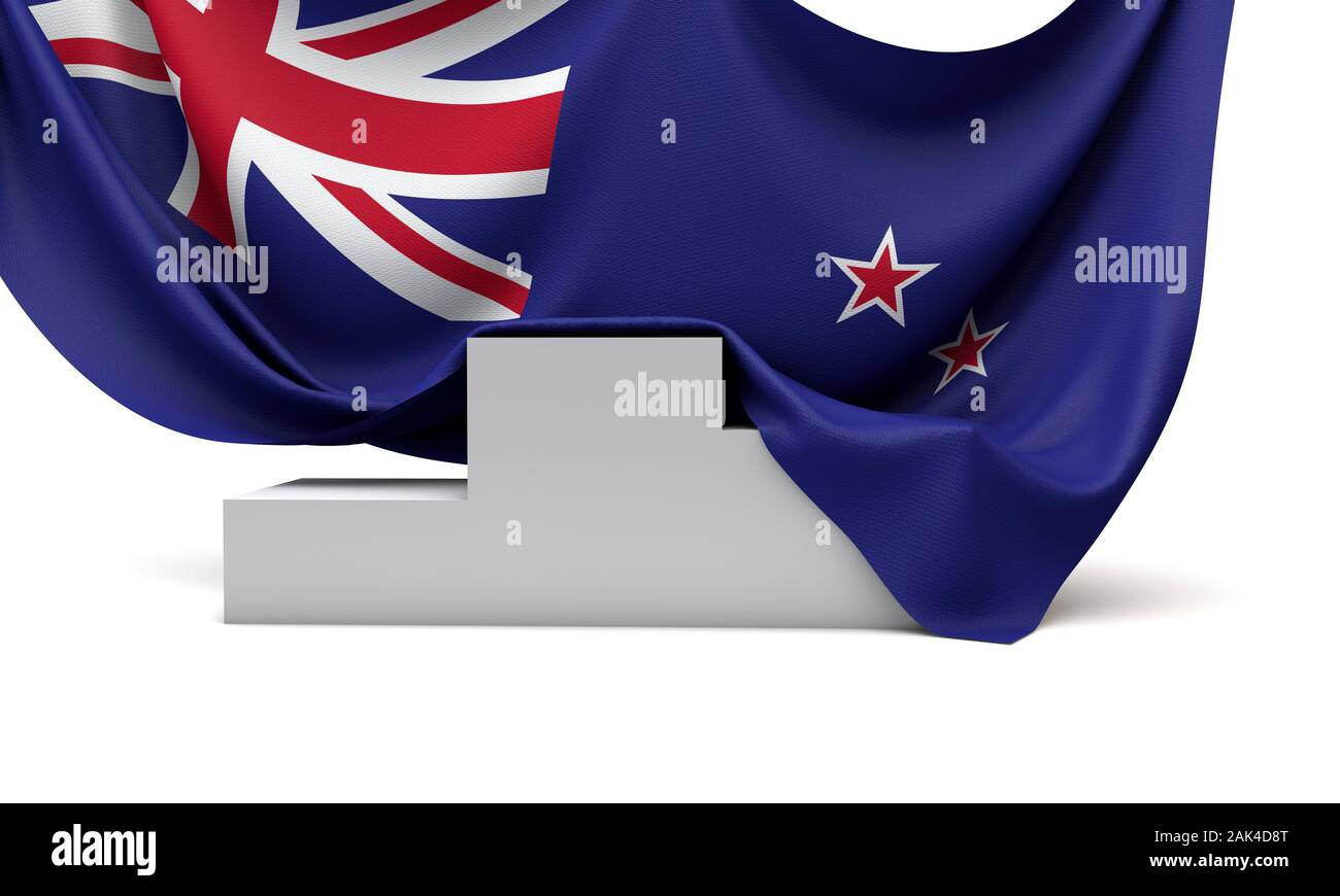 New Zealand flag draped over a competition winners podium. 3D Render ...