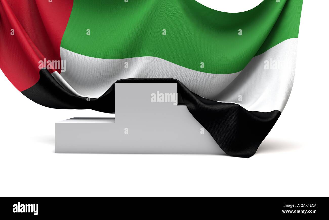 UAE flag draped over a competition winners podium. 3D Render Stock ...