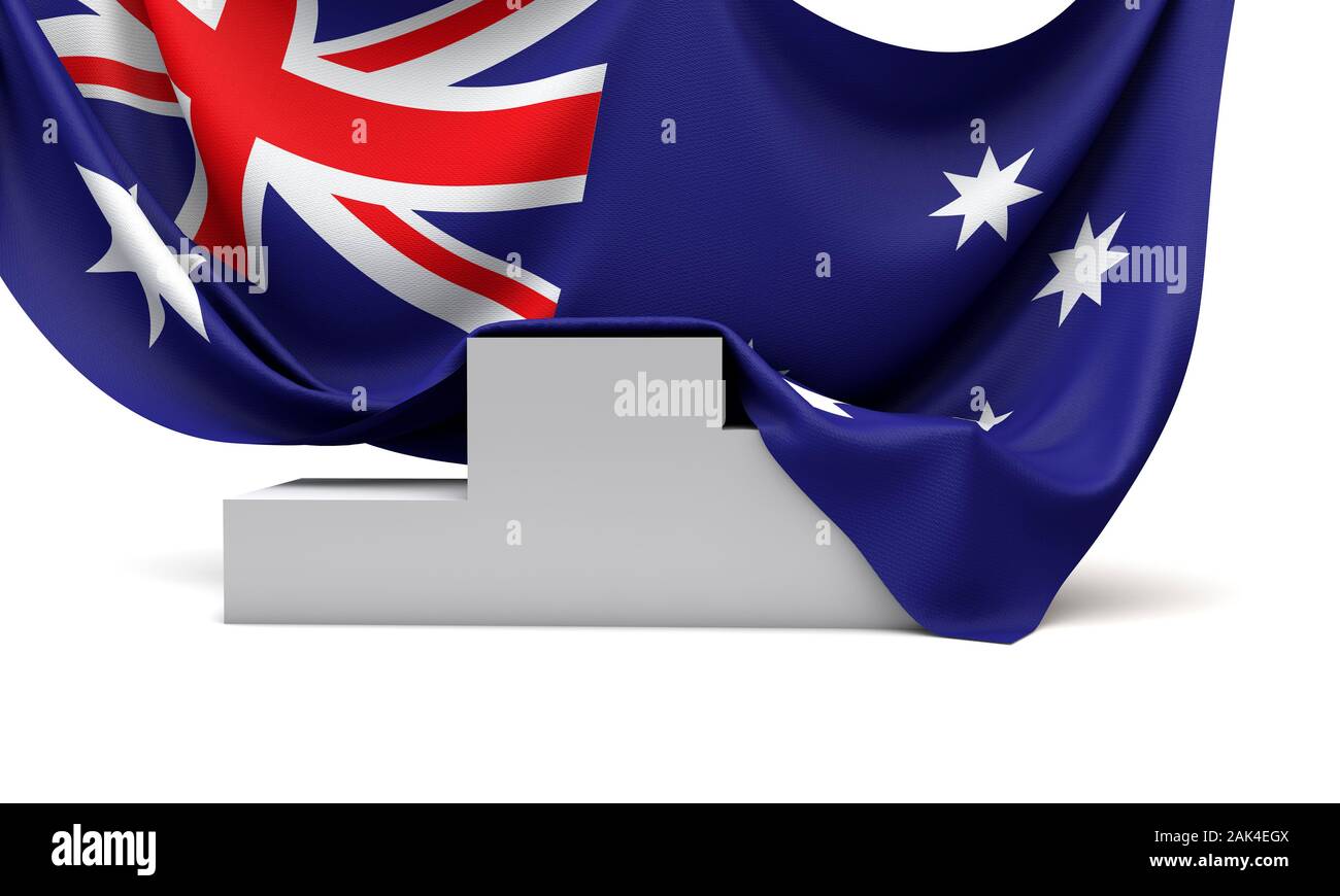Australia flag draped over a competition winners podium. 3D Render ...