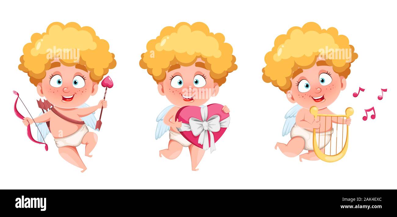 Happy Valentine's Day. Funny Cupid kid, set of three poses, cute ...