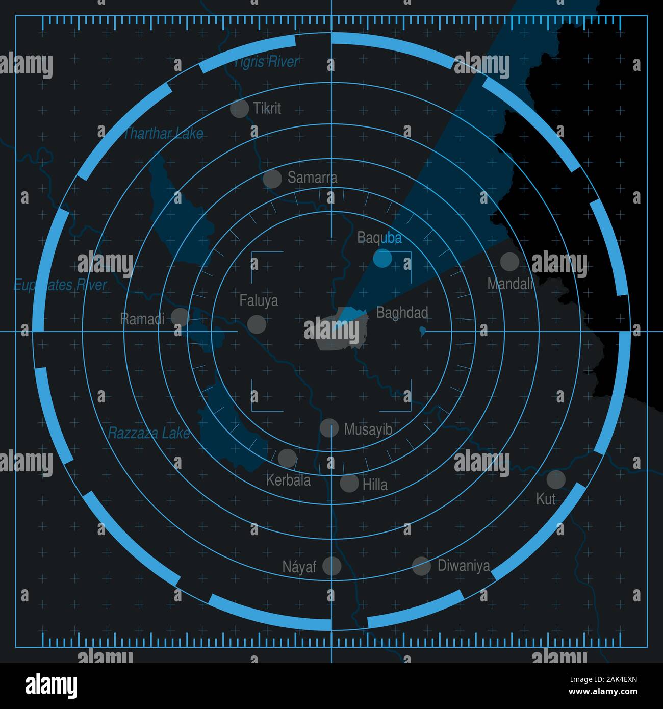 Approach to the Baghdad area map in gray tones under blue radar. Vector ...