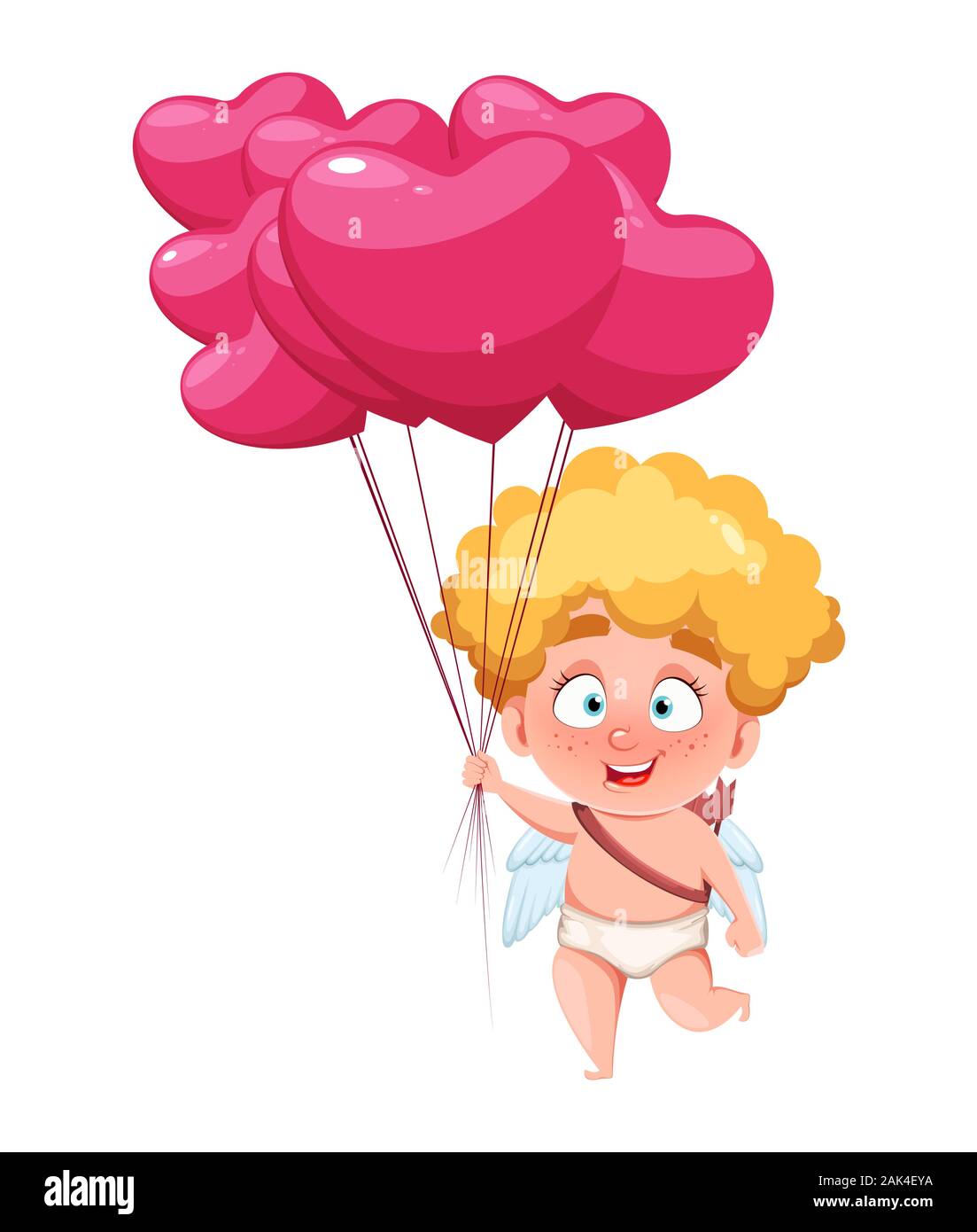 Happy Valentine's Day. Funny Cupid kid holding balloons in a shape of a ...