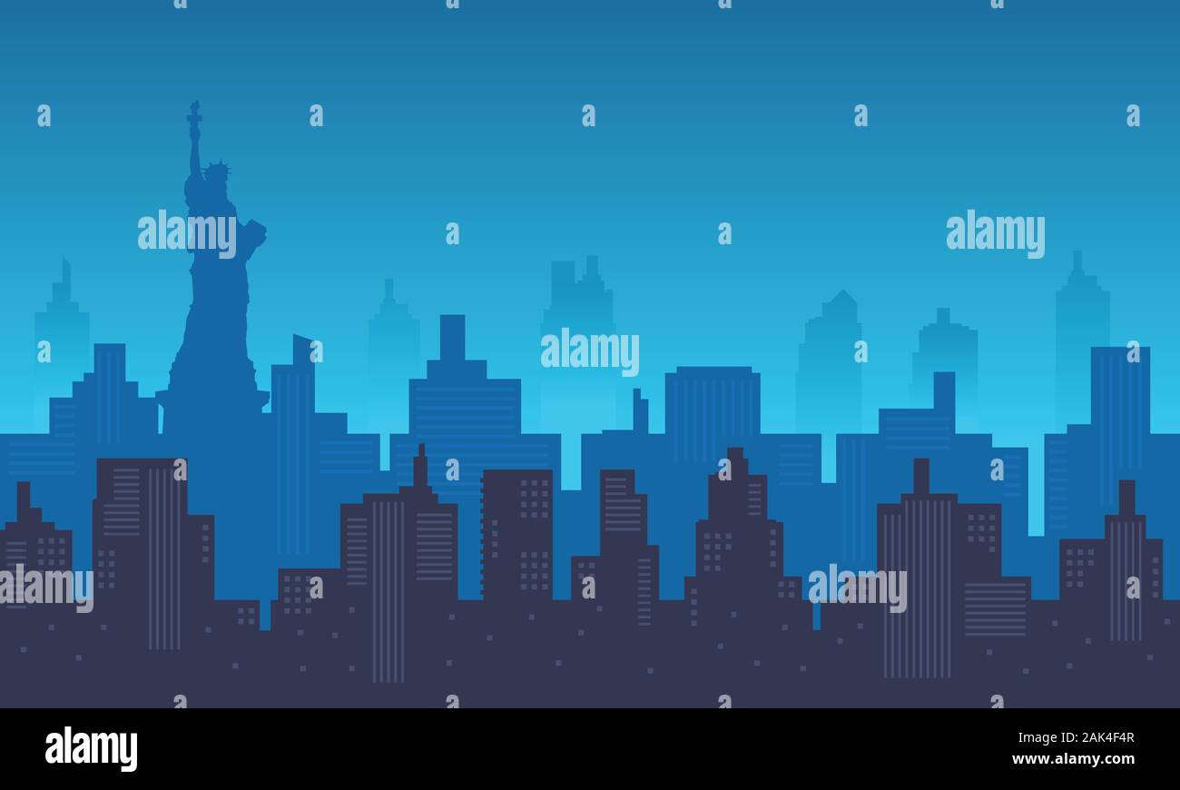Liberty City silhouette with blue colour of buildings. Collection city ...