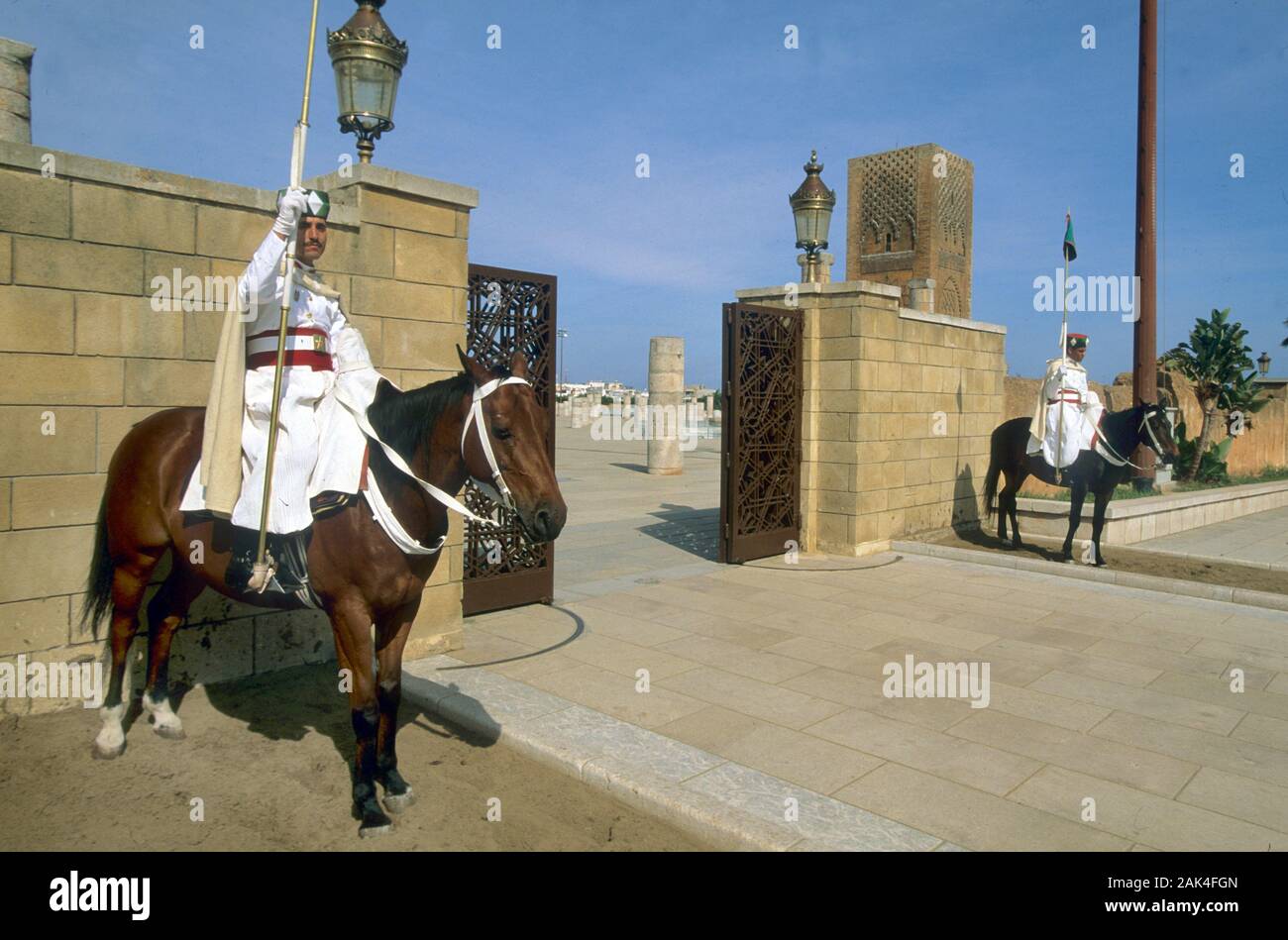 Morocco: Guard soldiers at the entrance of the Hassan-tower and the ...