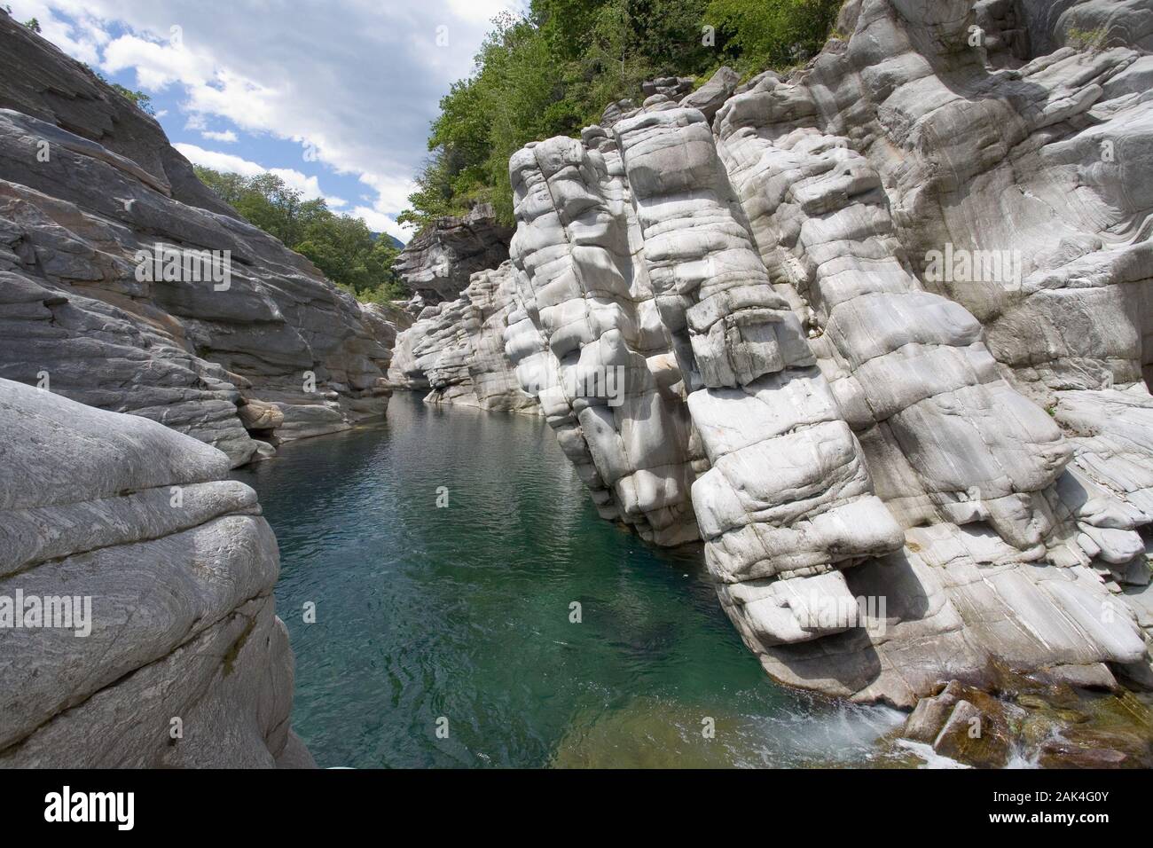 View of the bizarre rock formations in the clough near Ponte Brolla in ...