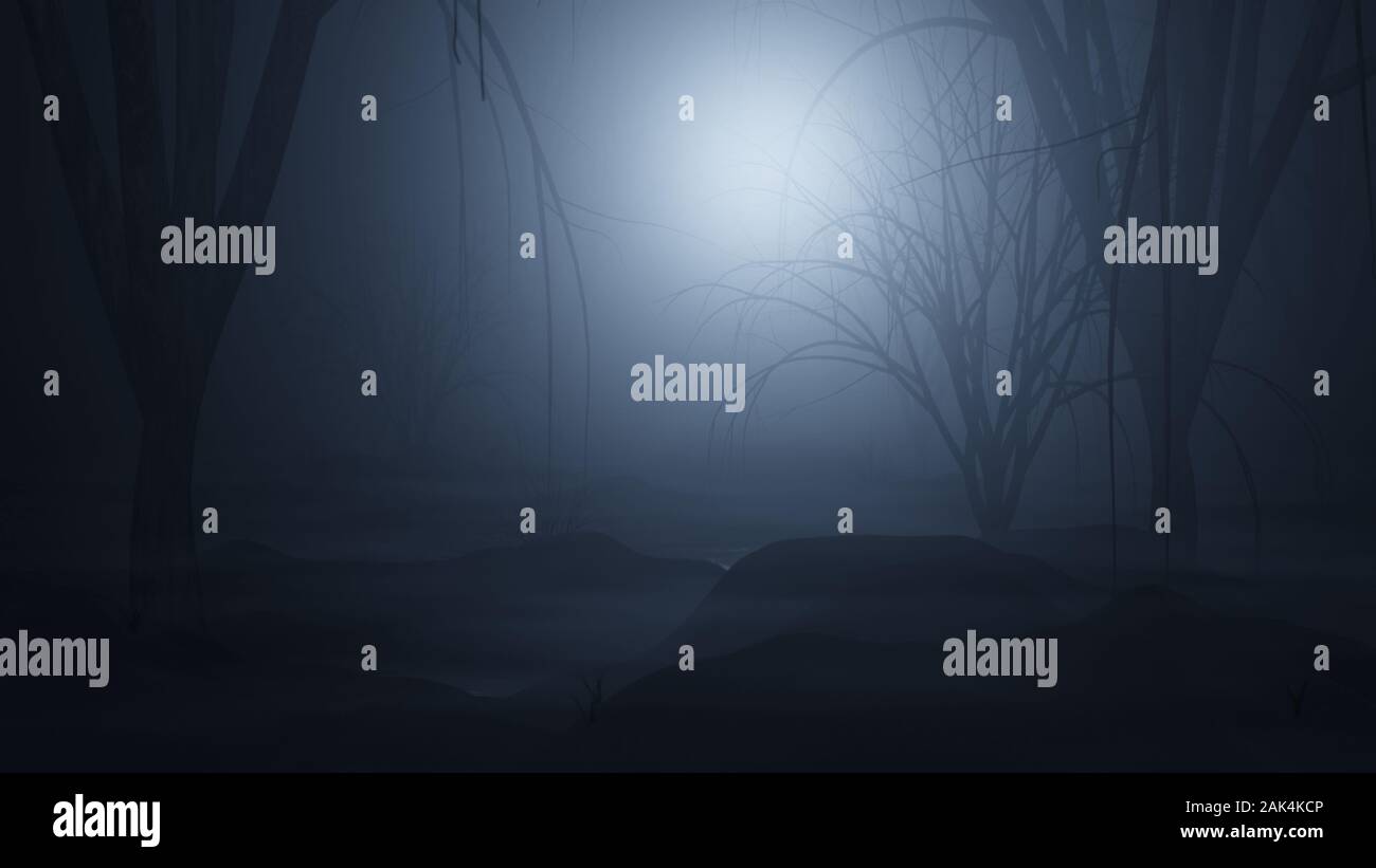 creepy swamp forest at night with moonlight 3d rendering Stock Photo ...