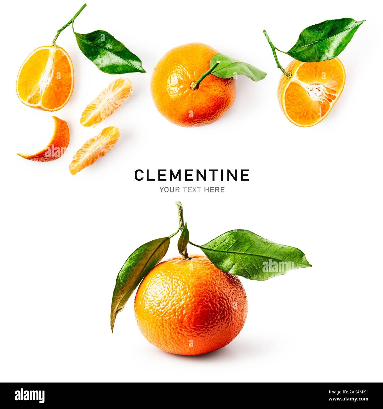 Fresh clementine with leaves as creative layout isolated on white ...