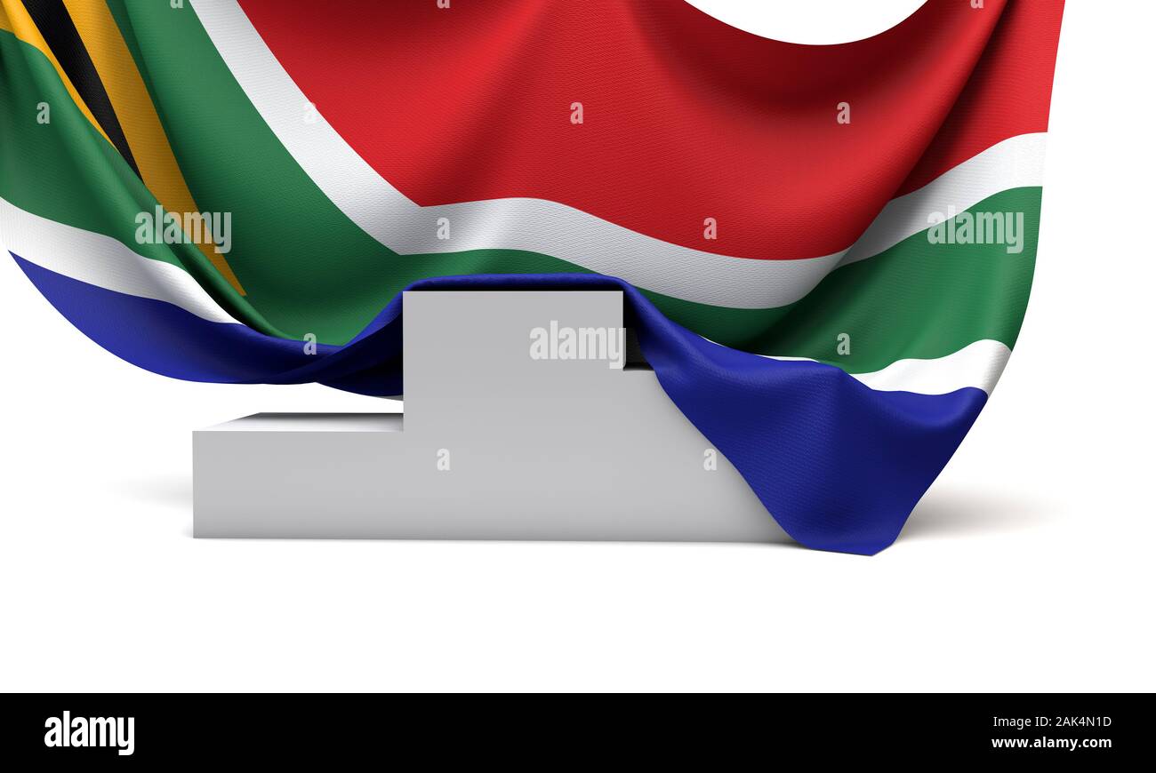 South Africa flag draped over a competition winners podium. 3D Render ...