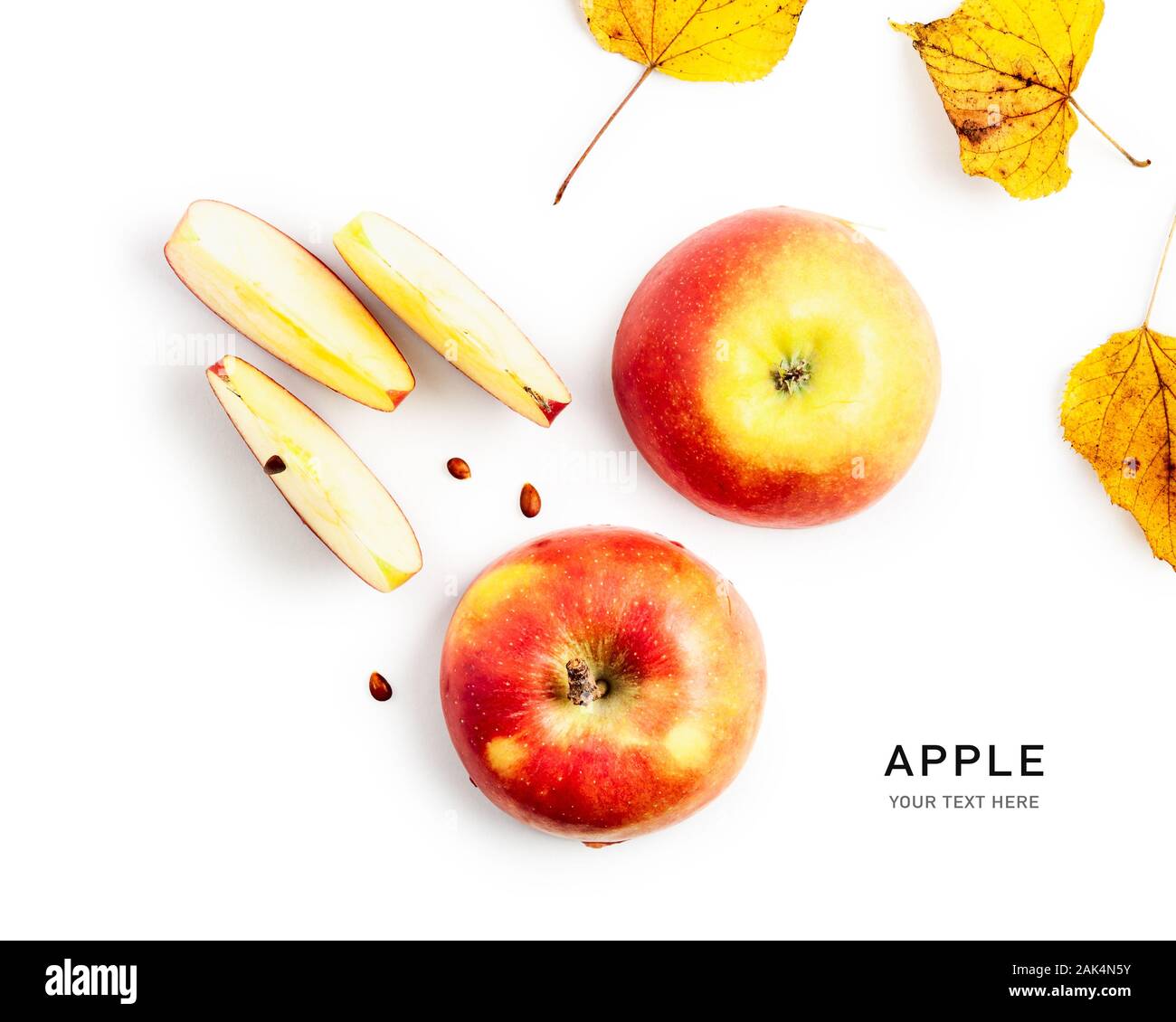 Fresh apple with autumn leaves as creative layout isolated on white ...