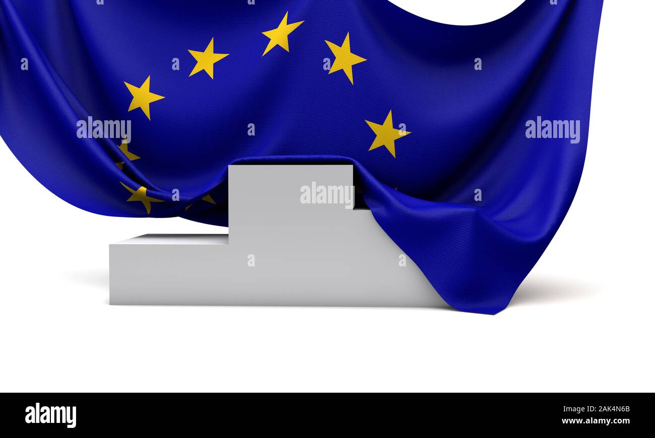 European Union flag draped over a competition winners podium. 3D Render ...