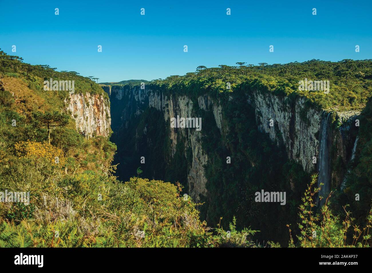 Itaimbezinho Canyon with waterfall coming from cliffs covered by forest ...