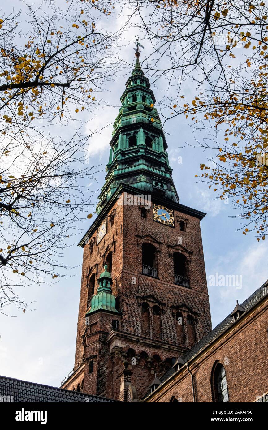 Nikolaj church building, brick exterior, facade & tower, Copenhagen ...