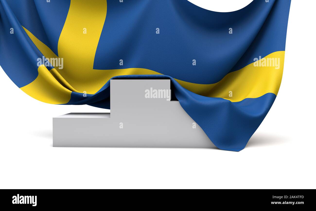 Sweden flag draped over a competition winners podium. 3D Render Stock ...