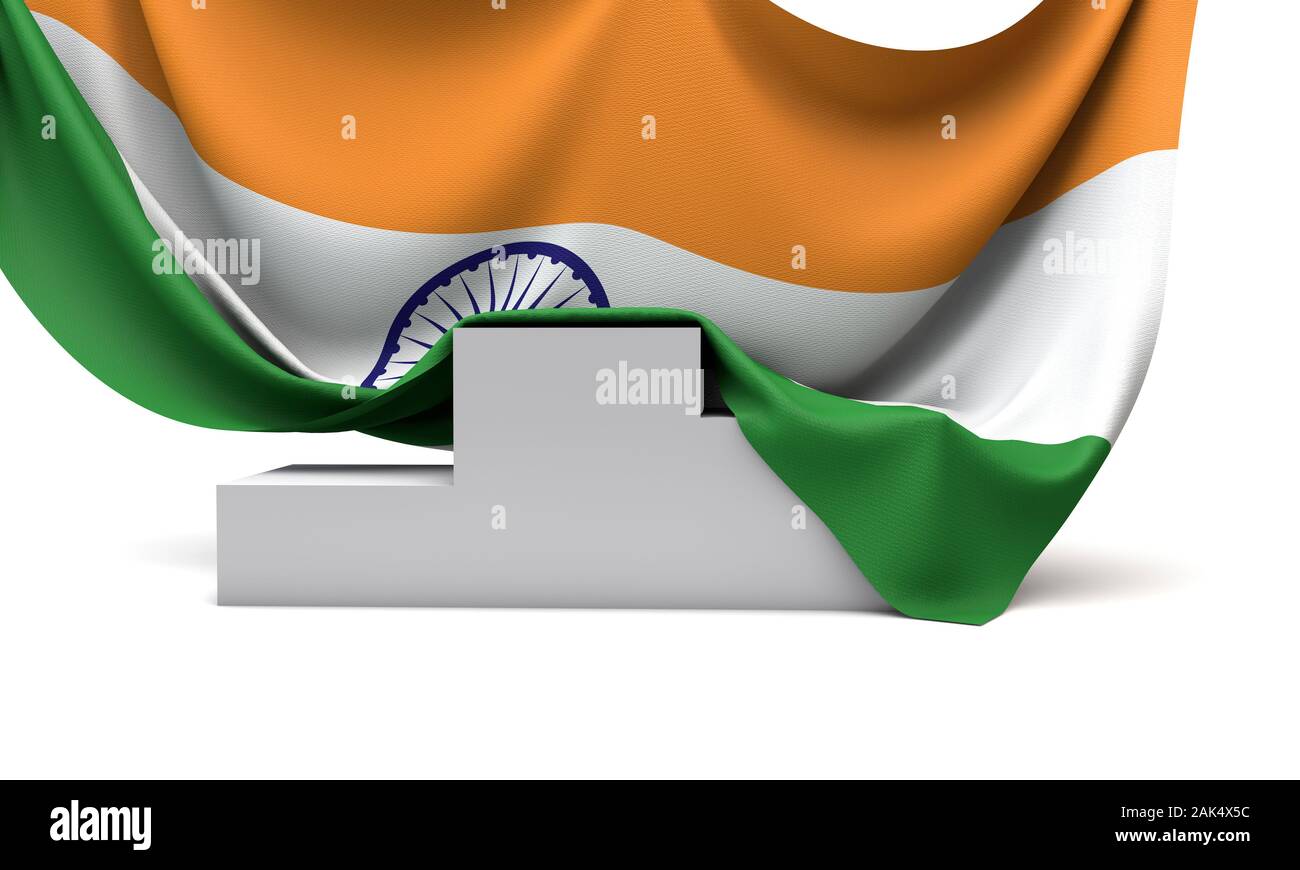 India flag draped over a competition winners podium. 3D Render Stock ...