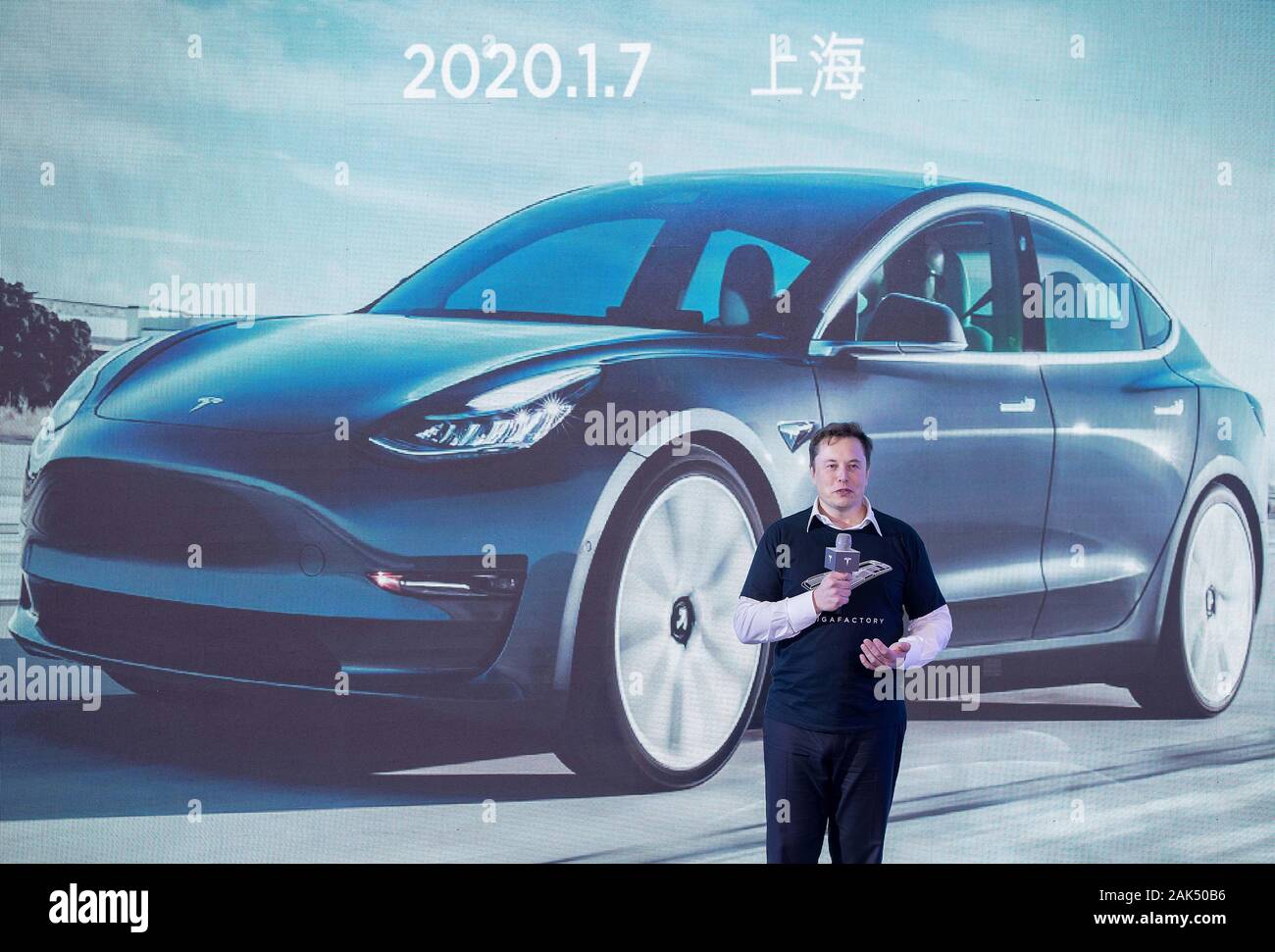 Shanghai China. 7th Jan 2020. Tesla CEO Elon Musk speaks at a delivery ceremony for Tesla China made Model 3 in Shanghai east China Jan. 7 2020. U.S. electric carmaker Tesla officially delivered