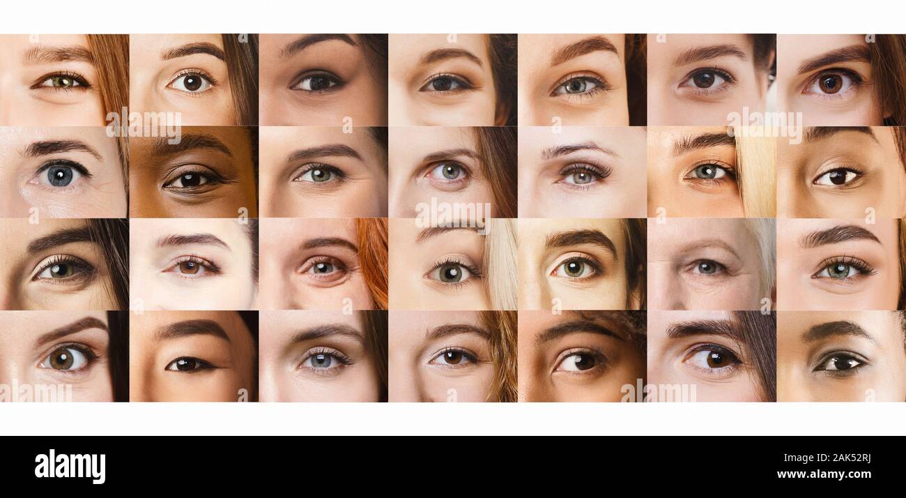 Collage of beautiful female different colors eyes, panorama, healthy ...