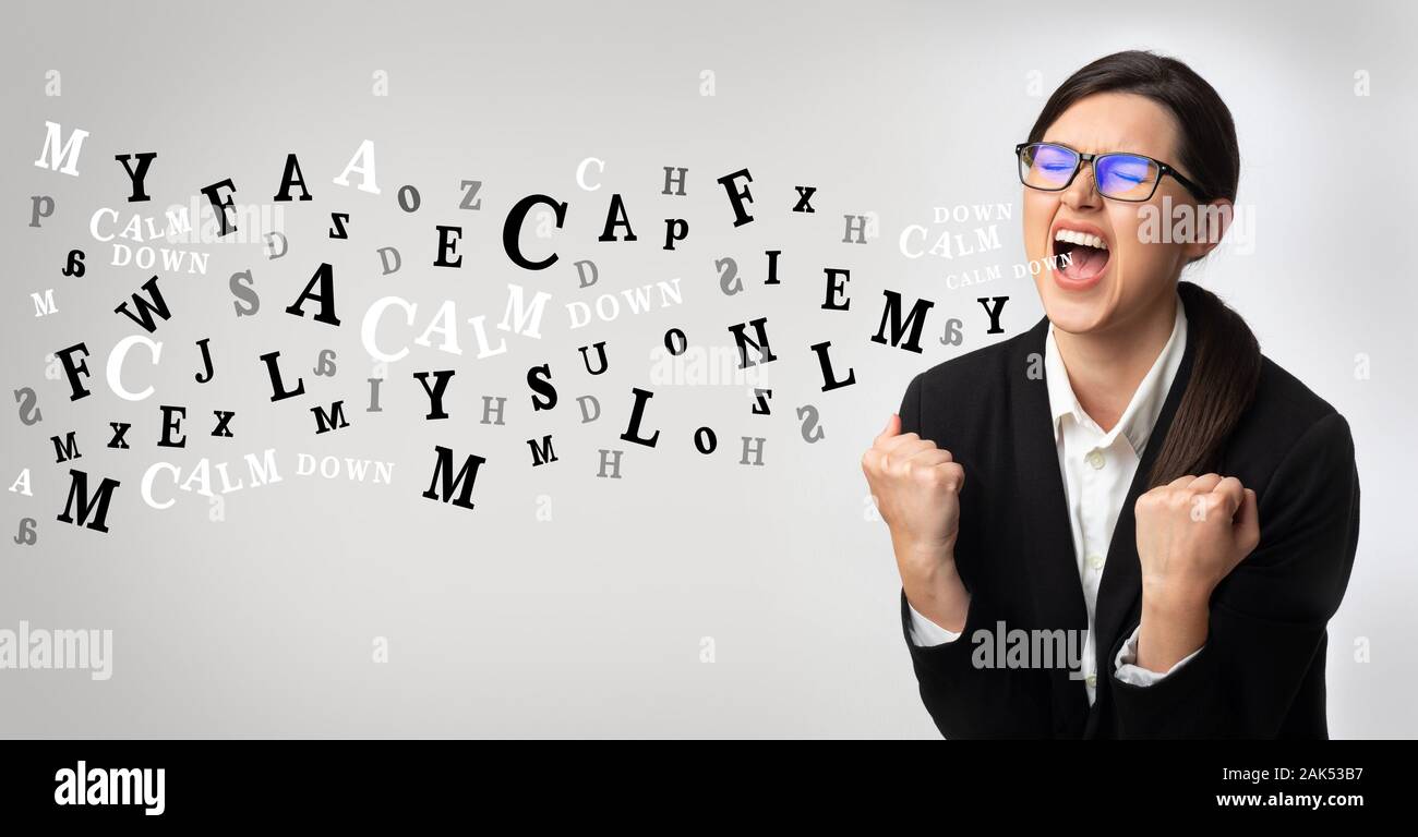 Problems at work concept. Portrait of angry businesswoman screaming ...