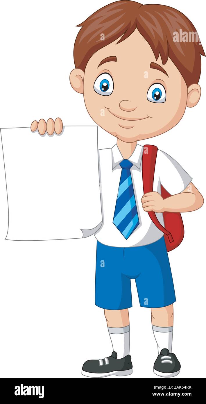 Cartoon school boy in uniform holding blank paper Stock Vector Image ...
