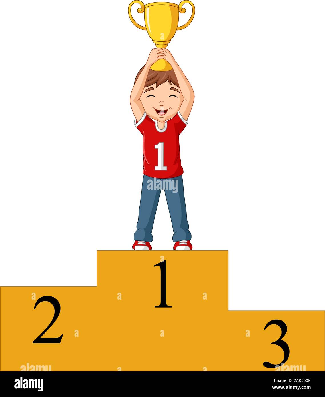Cartoon boy standing on the winning podium holding a trophy Stock ...