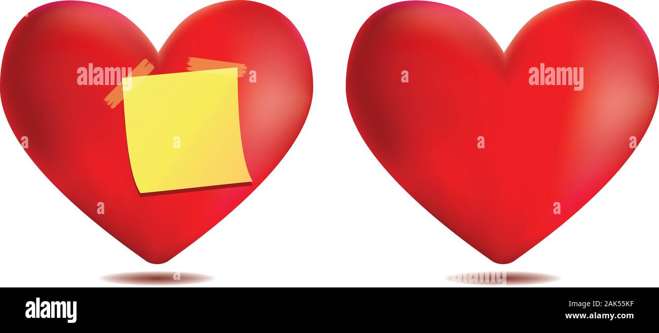 Valentine red heart with yellow sticky note paper on white background ...