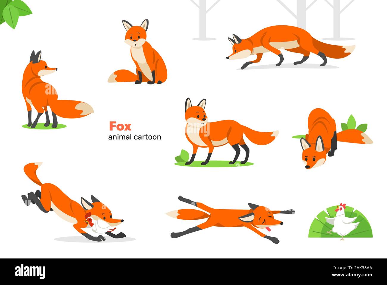 Fox. Animal cartoon. Set of cute cartoon foxes in modern simple flat ...