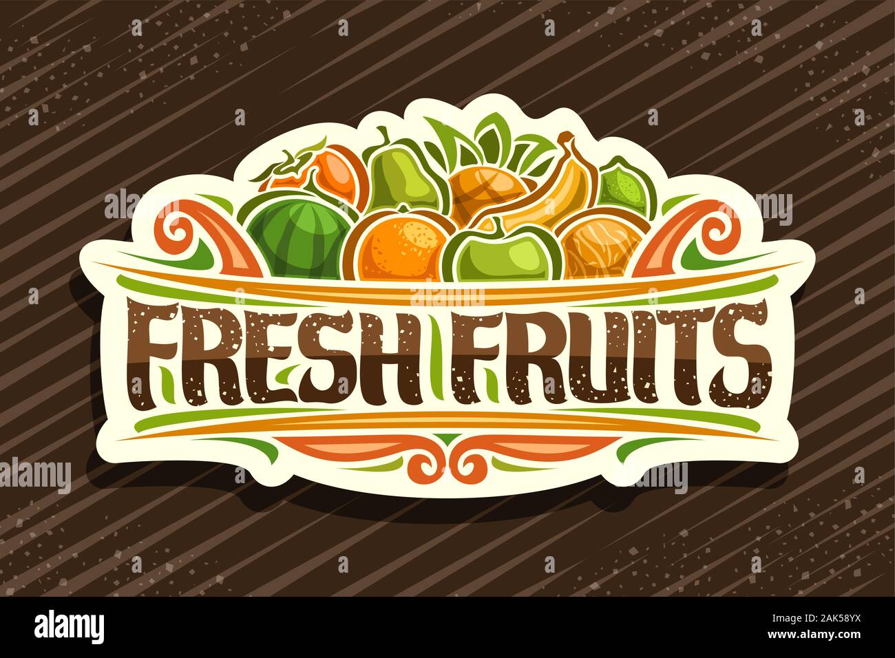 Vector logo for Fresh Fruits, cut paper sign with illustration of pile ...