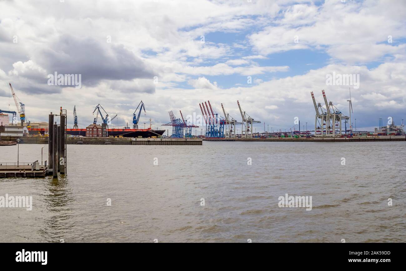 container terminal scenery seen at the Port of Hamburg in Germany Stock ...