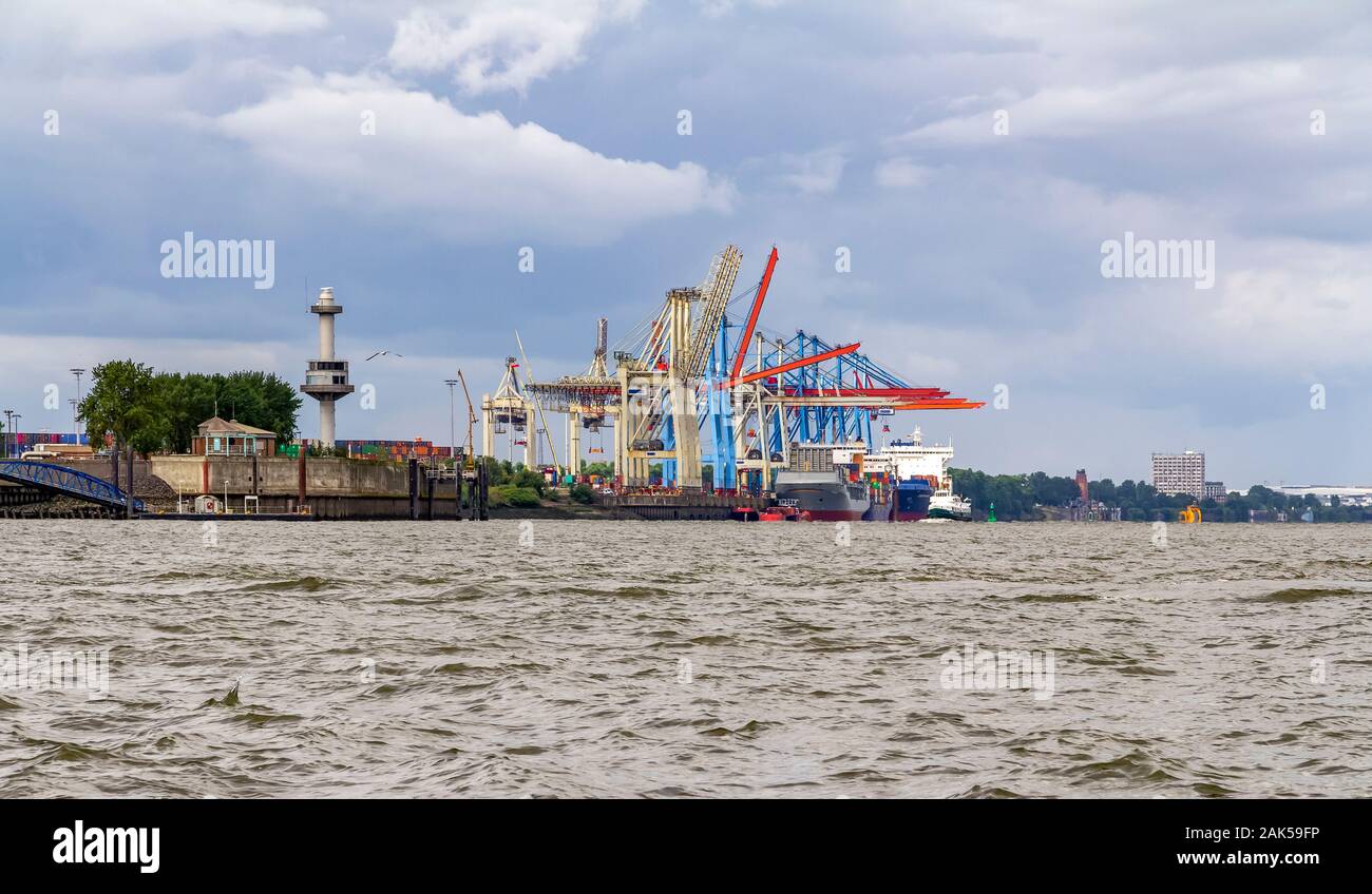 container terminal scenery seen at the Port of Hamburg in Germany Stock ...