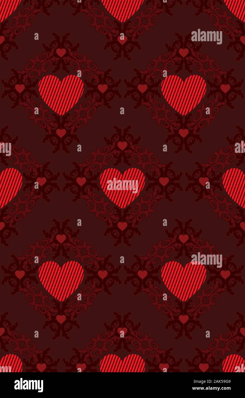 Illustration of red hearts pattern with flourish on dark background ...