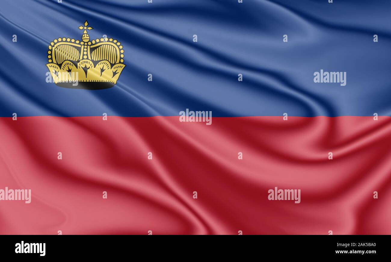 National flag of Liechtenstein fluttering in the wind in 3D ...