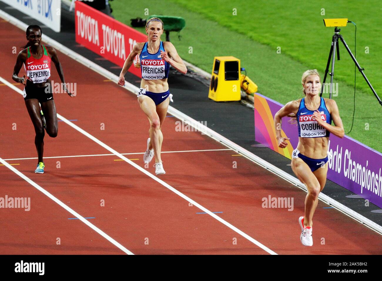 Emma Coburn (USA) ,Courtney Frerichs (USA) and Hyvin Kiyeng (Kenya), at ...