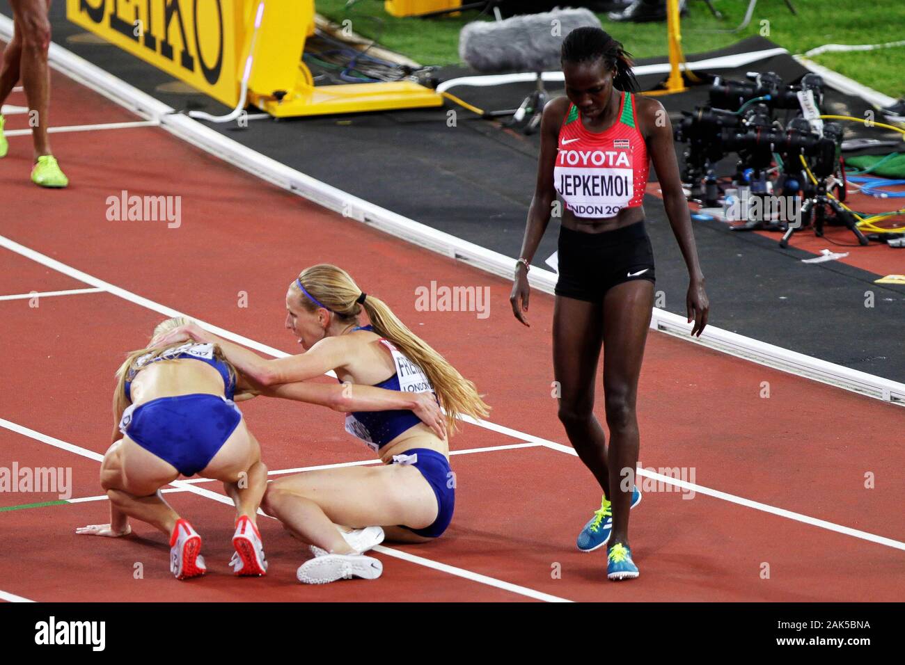 Emma Coburn (USA) ,Courtney Frerichs (USA) and Hyvin Kiyeng (Kenya), at ...