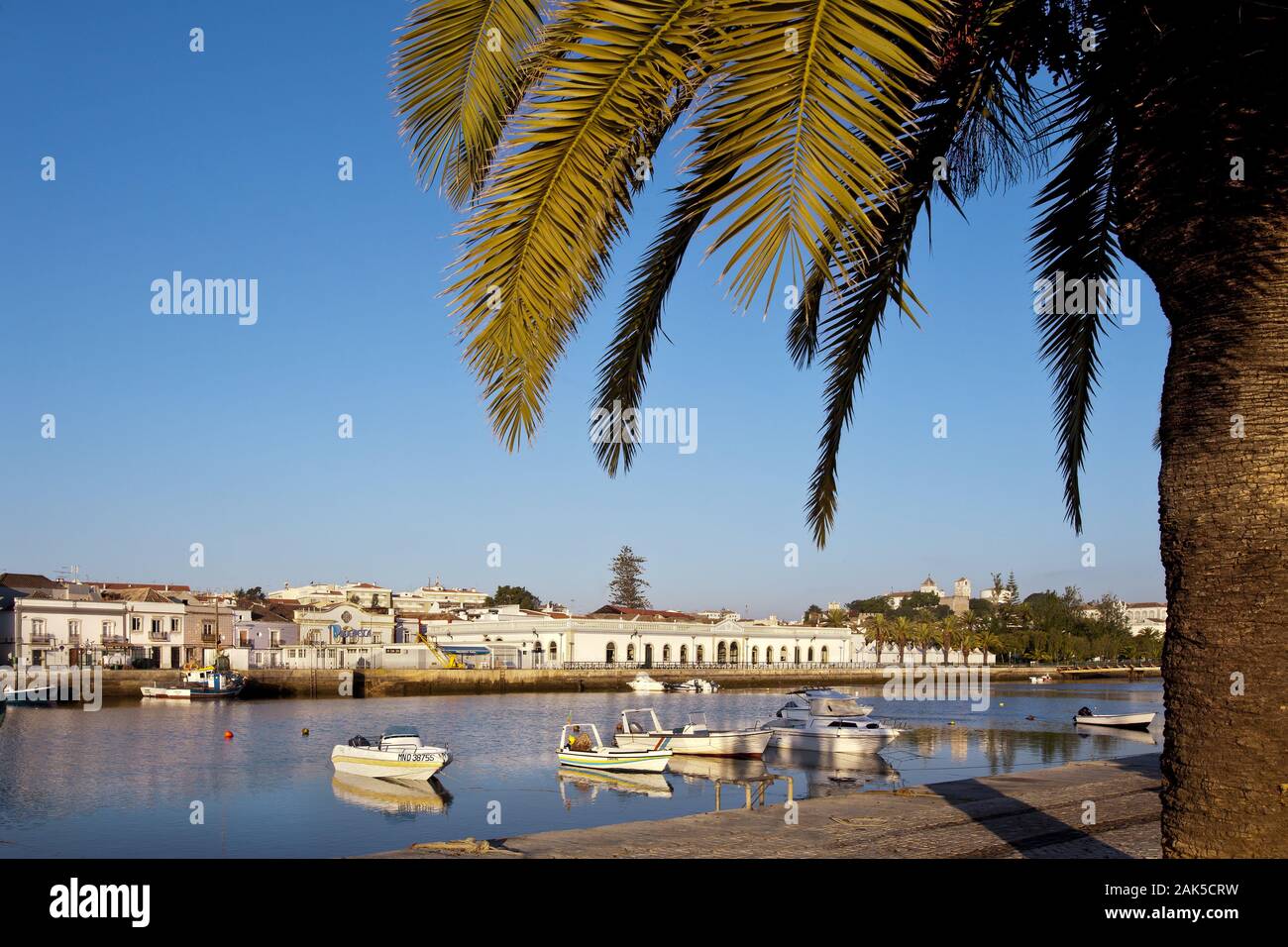 Tavira: Blick ueber den Rio Gilao auf die alte Markthalle, Algarve ...