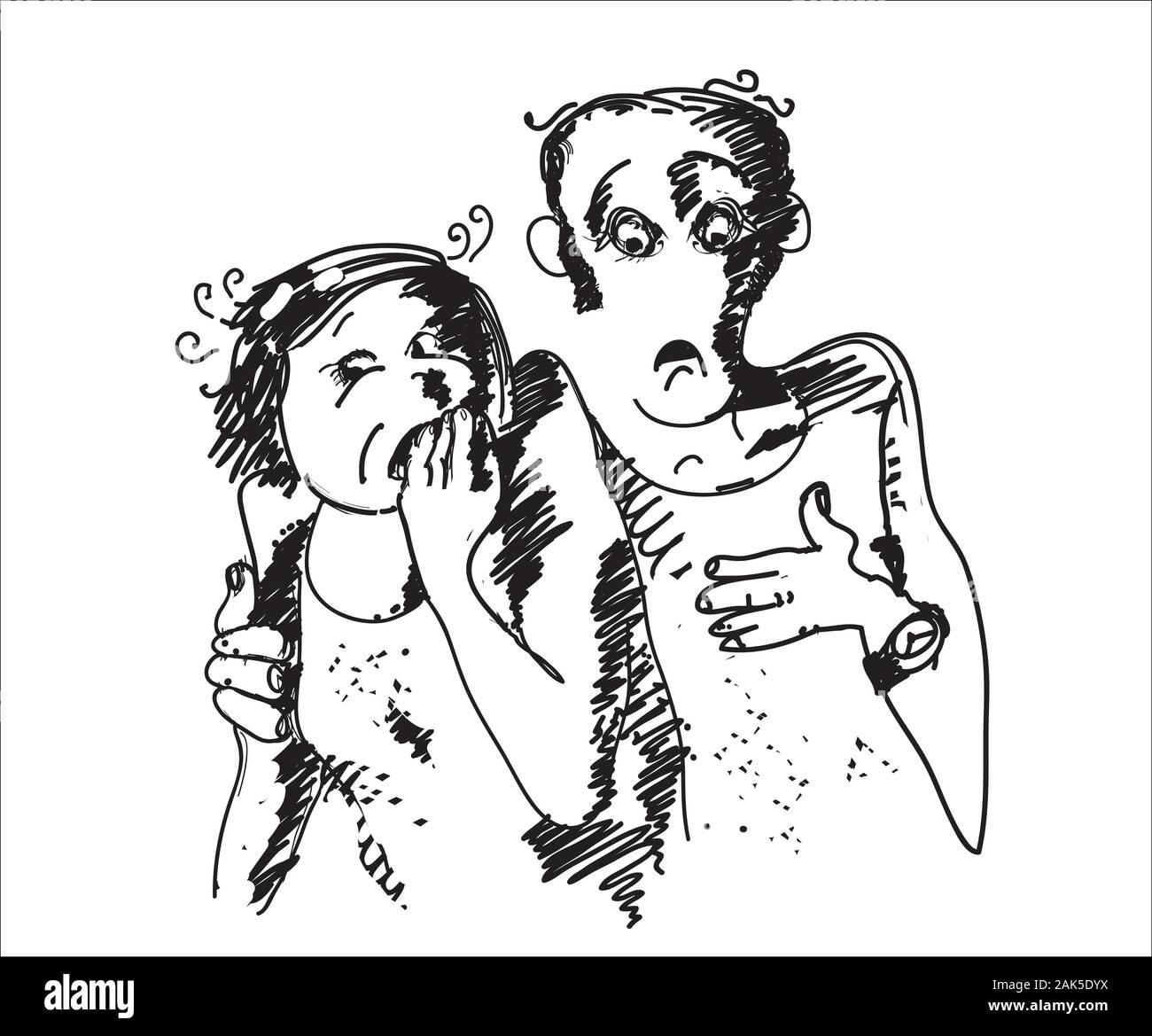 Illustration of scared man and woman, in black and white, doodle style ...