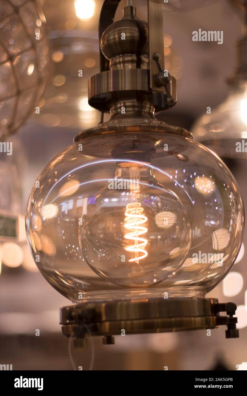 LED modern lights and bulbs on display in store lighting department ...