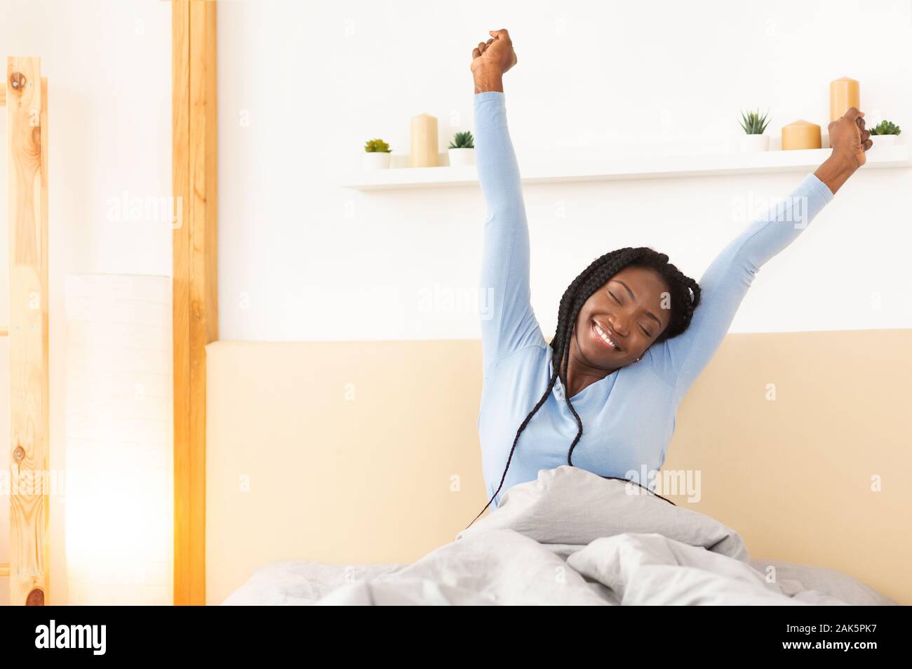 Good Sleep. Happy Rested Black Lady Stretching Arms Waking Up Sitting ...