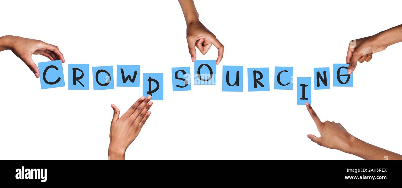 Open resource for creators, crowdsourcing concept. Hands setting up ...