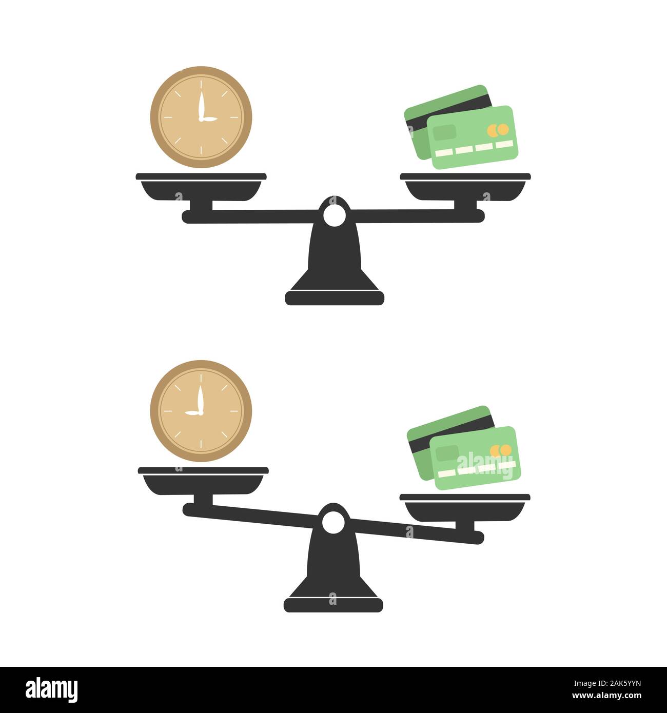 Money and Time balance an imbalance of scales. Clock and money symbols ...