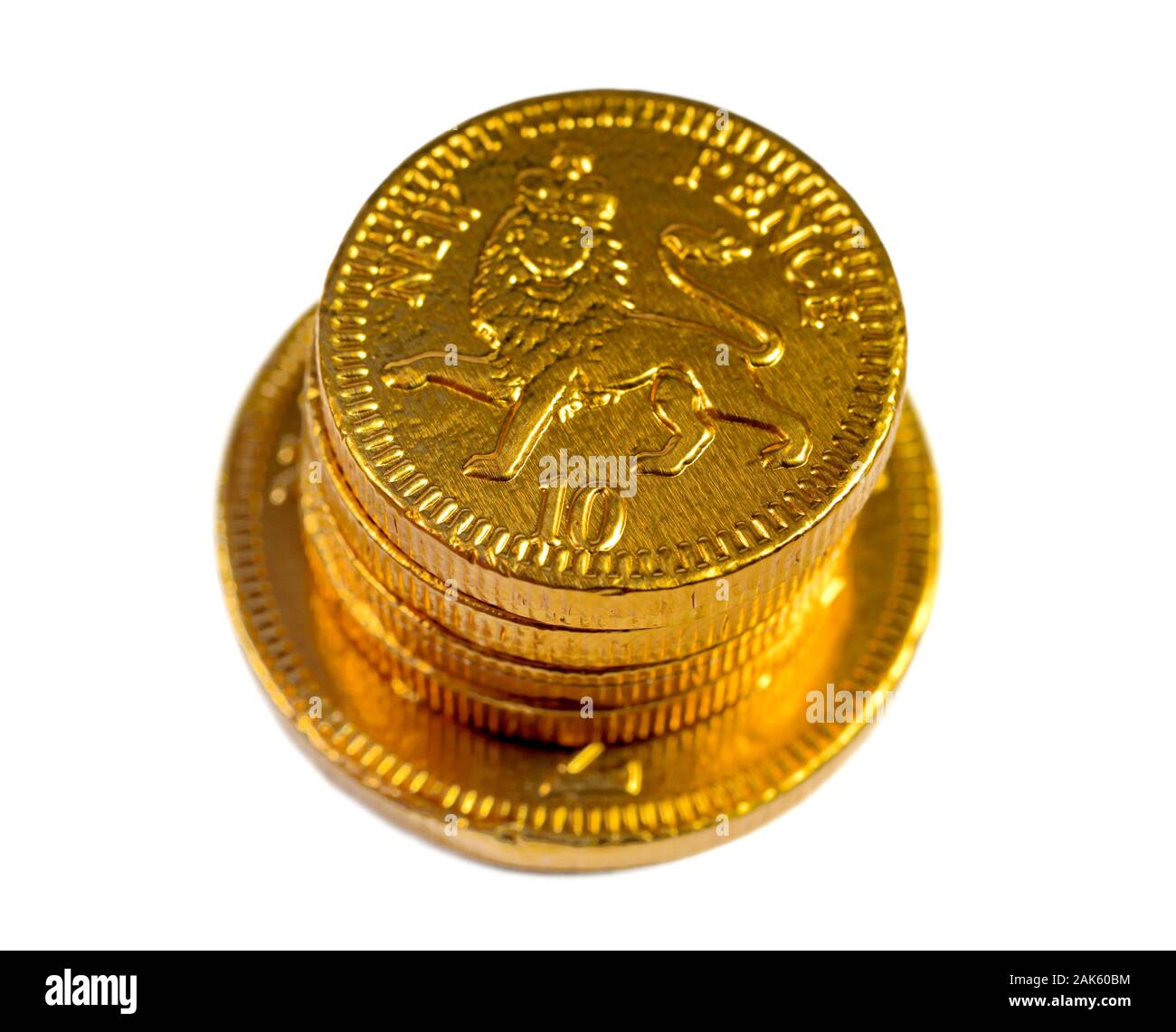 Gold Chocolate coins,white background Stock Photo - Alamy