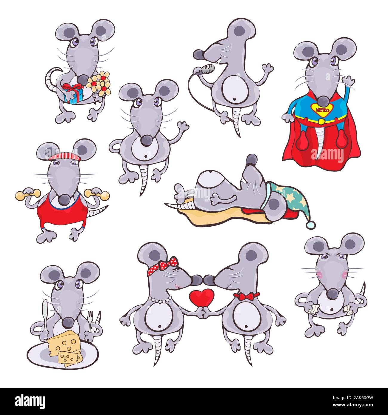 Set of sticker funny rat in different emotions and actions, icon ...
